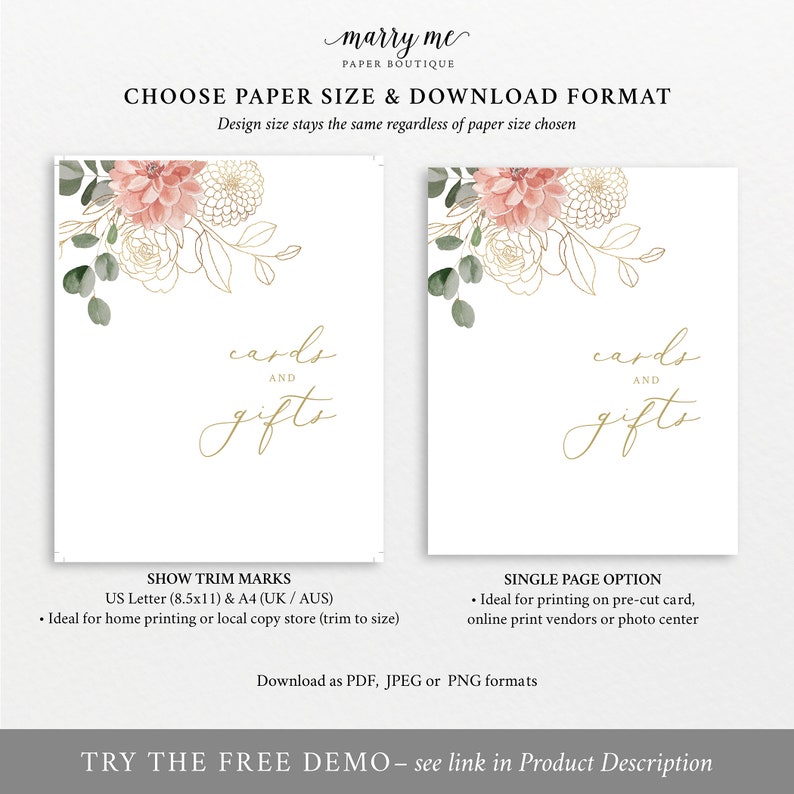 Cards & Gifts Sign Template Blush Gold Flowers Editable - Etsy