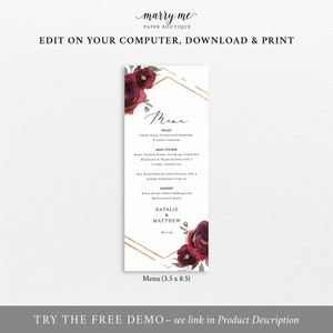 Wedding Menu Template, Elegant Burgundy Floral, Long Menu Printable, Wedding Table Menu Card ...