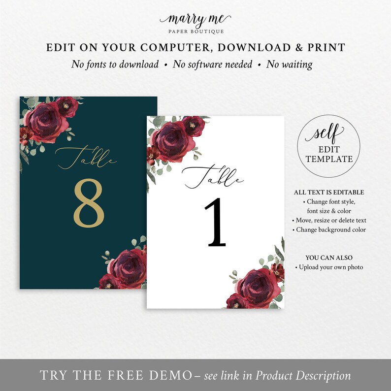 Table Number Sign Template Elegant Burgundy Floral | Etsy