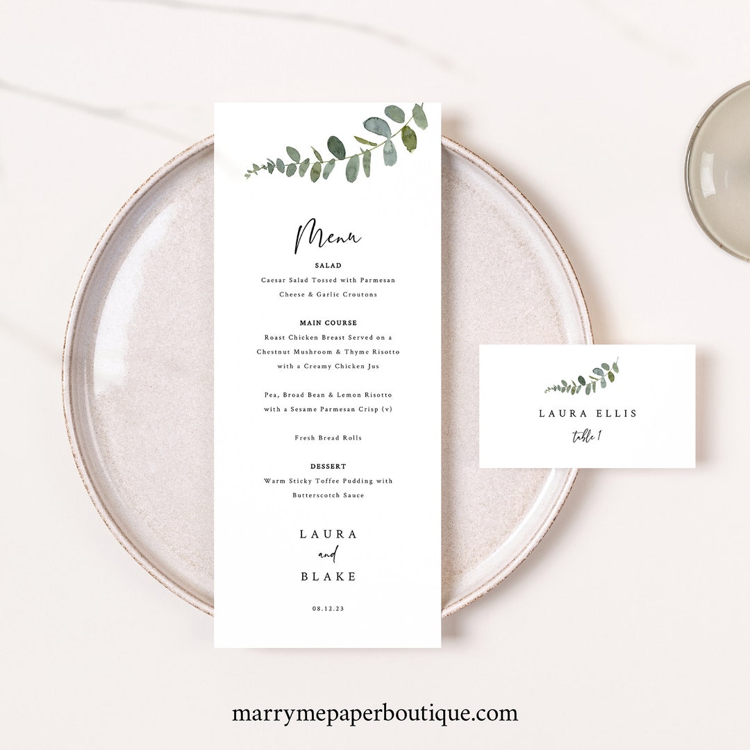 Wedding Menu & Name Card Template Eucalyptus Greenery Name - Etsy