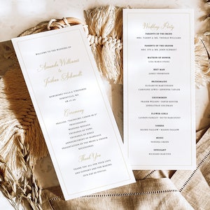 Wedding Program Template, Traditional Wedding Calligraphy in Gold, Editable, 4x9 Wedding ...