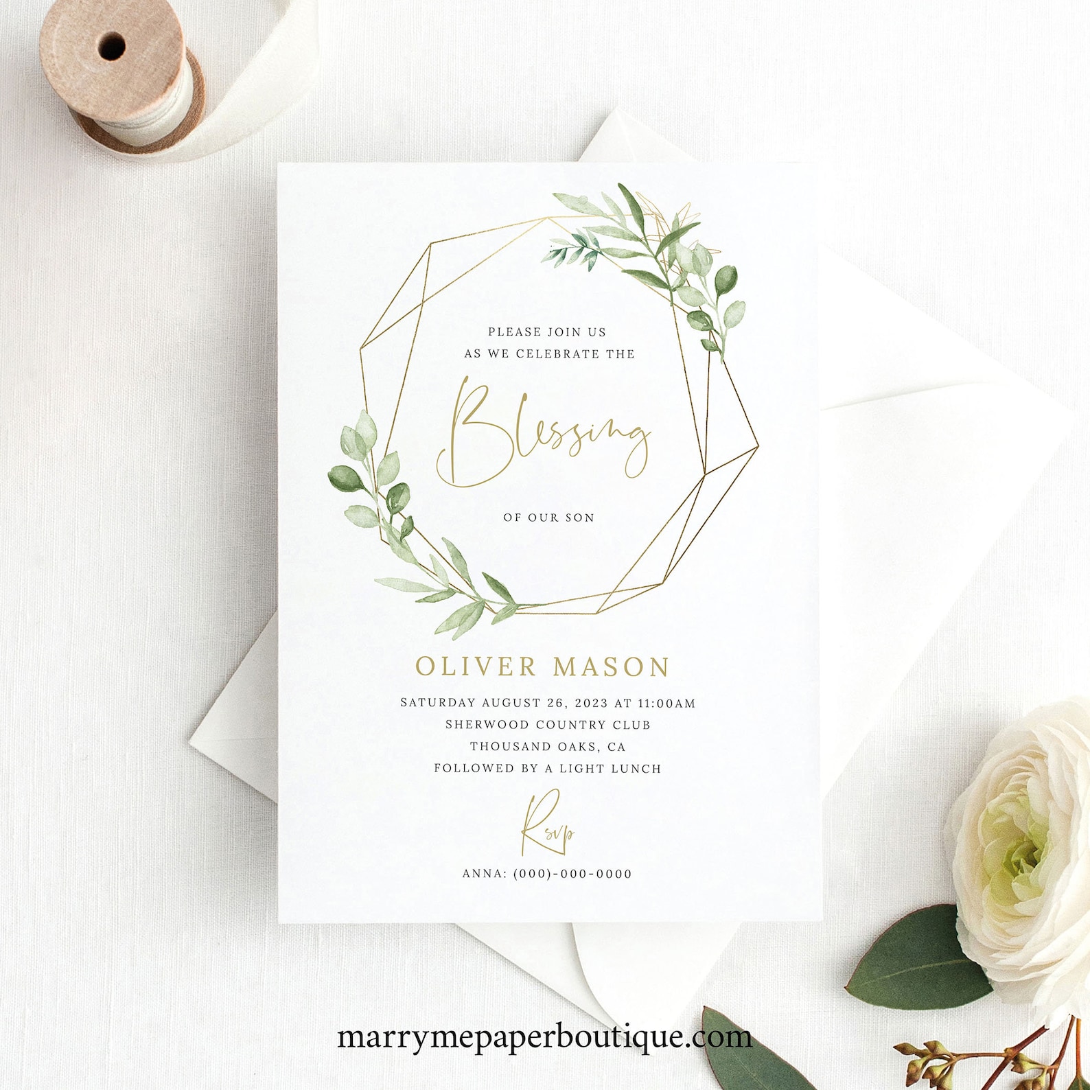 Blessing Ceremony Invitation Card Template Greenery Gold - Etsy