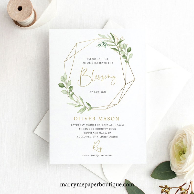 Blessing Ceremony Invitation Card Template Greenery Gold - Etsy