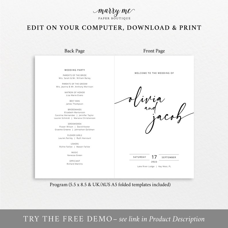 Wedding Program Template Folded Modern Calligraphy Editable - Etsy