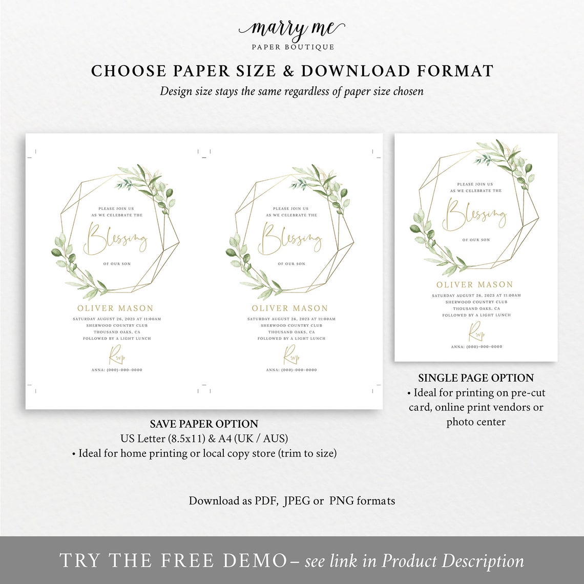 Blessing Ceremony Invitation Card Template Greenery Gold - Etsy