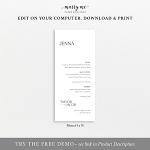 Personalizable Wedding Menu Template, Modern & Classic, Editable ...
