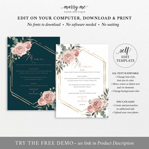 Wedding Menu Template Dusky Pink Floral Boho Wedding 5x7 | Etsy