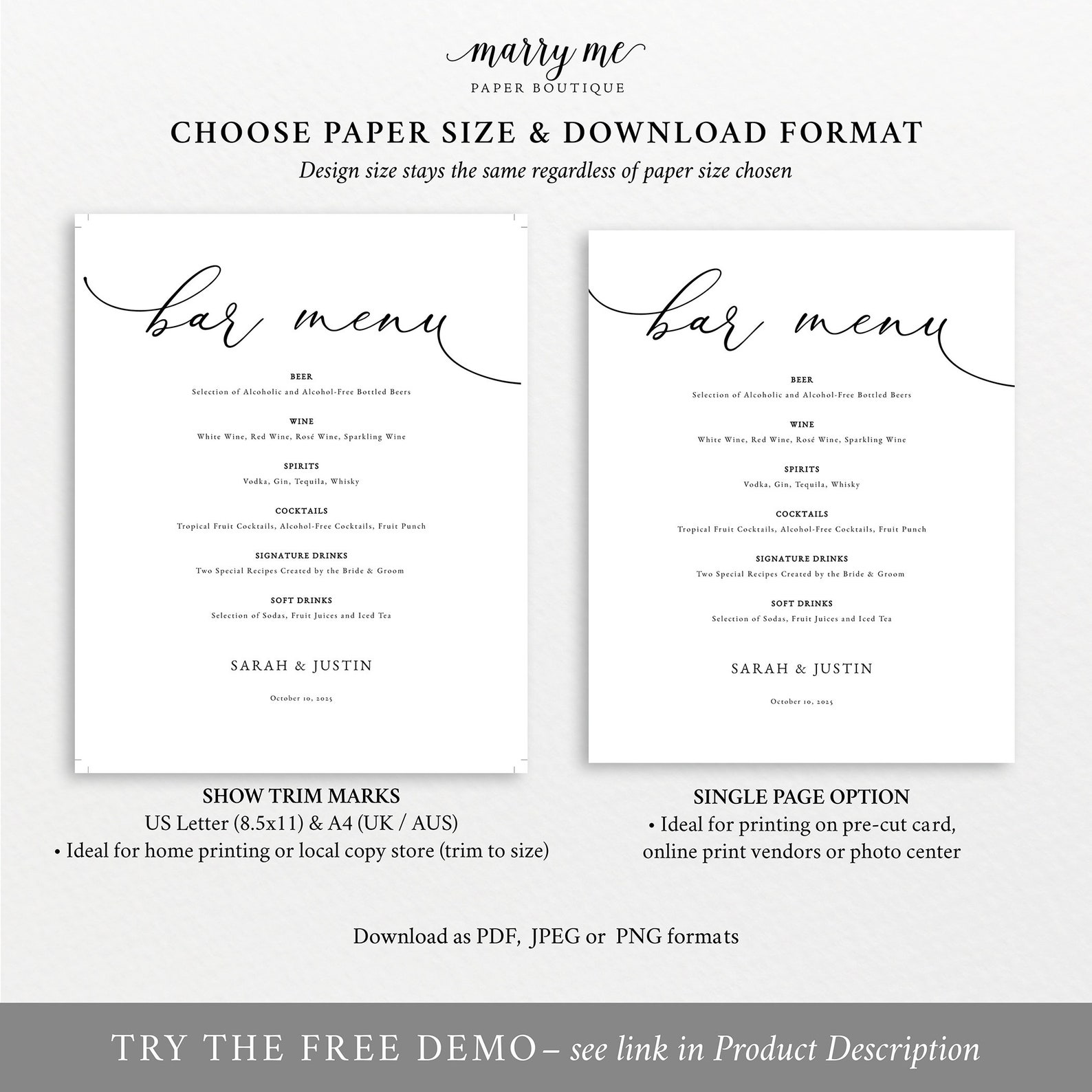 Classic Bar Menu Template Elegant Wedding Drinks Menu - Etsy