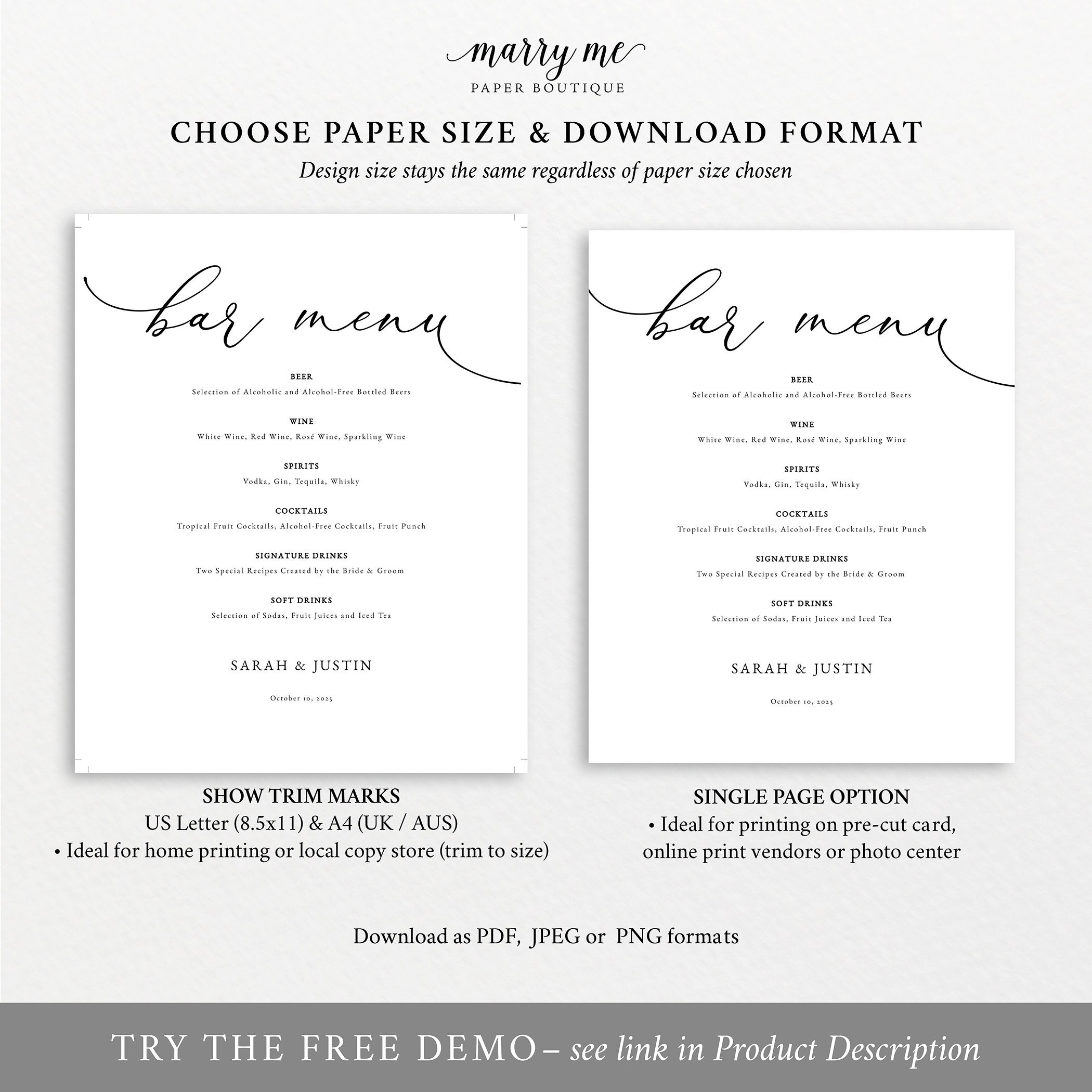 Classic Bar Menu Template Elegant Wedding Drinks Menu - Etsy