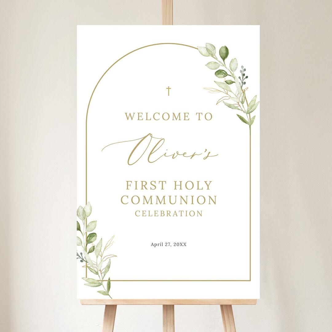 First Holy Communion Welcome Sign, Greenery Arch, Printed & Shipped ...