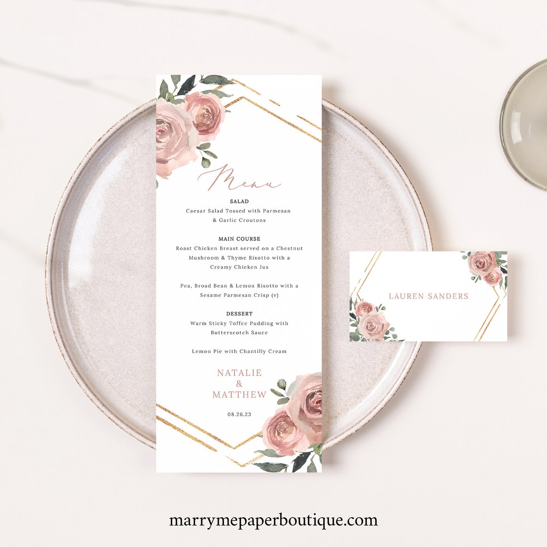 Wedding Menu With Name Card Template, Dusky Pink Floral, Editable ...