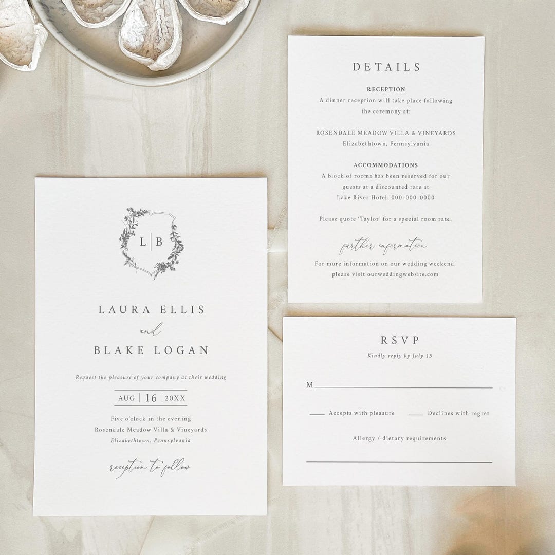 Wedding Invitation Suite, Botanic Crest, Printed & Shipped, USA Only, Sample - Etsy