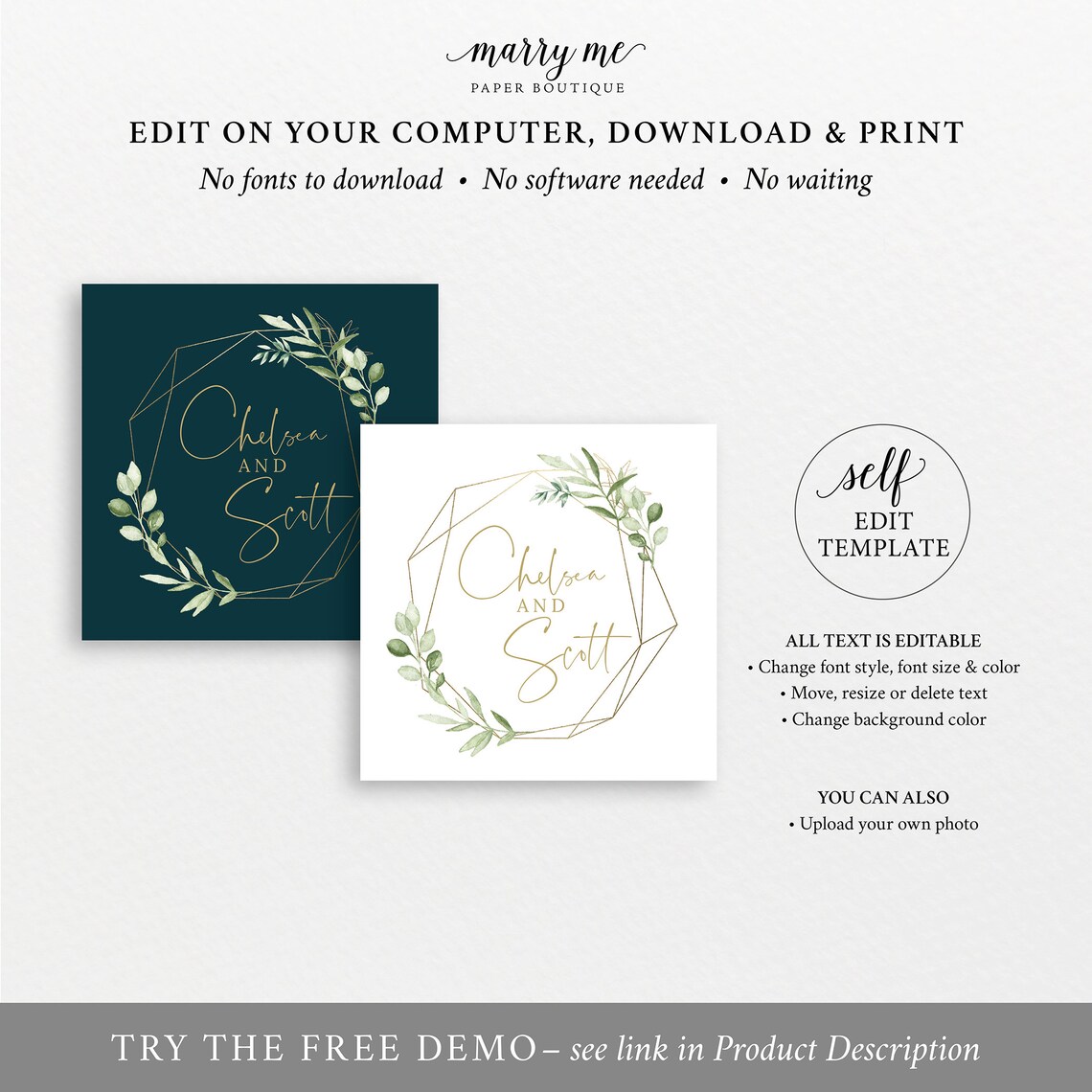 Square Tag Template Greenery & Gold Editable Printable - Etsy
