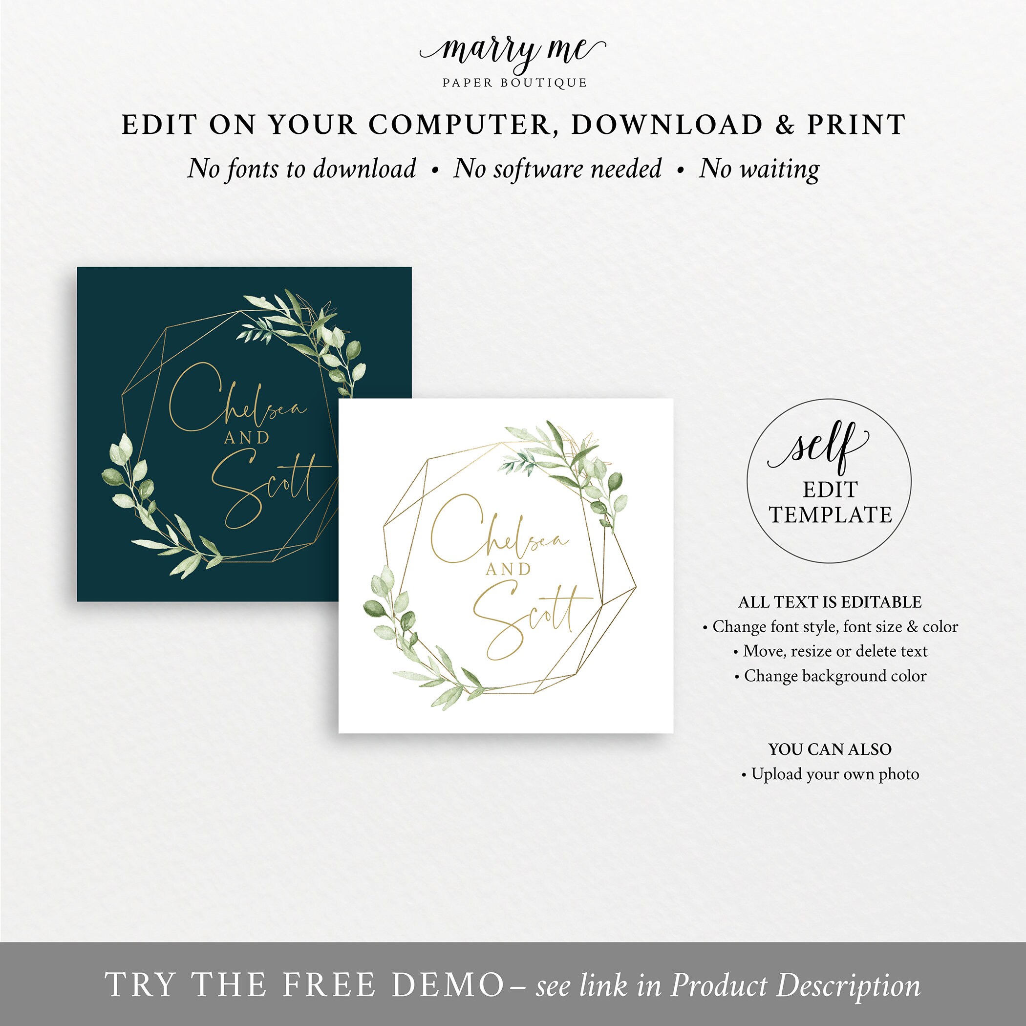 Square Tag Template Greenery & Gold Editable Printable - Etsy