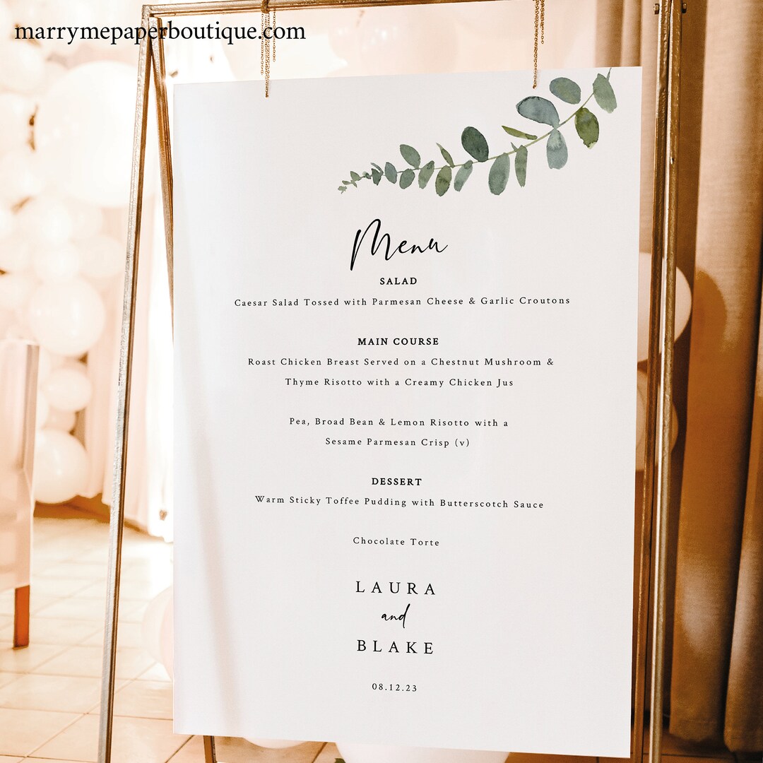 Menu Sign Template, Eucalyptus Greenery, Wedding Menu Board Template ...