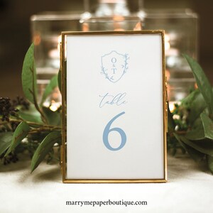 Table Number Sign Template, Light Blue Crest & Monogram, Wedding Table ...