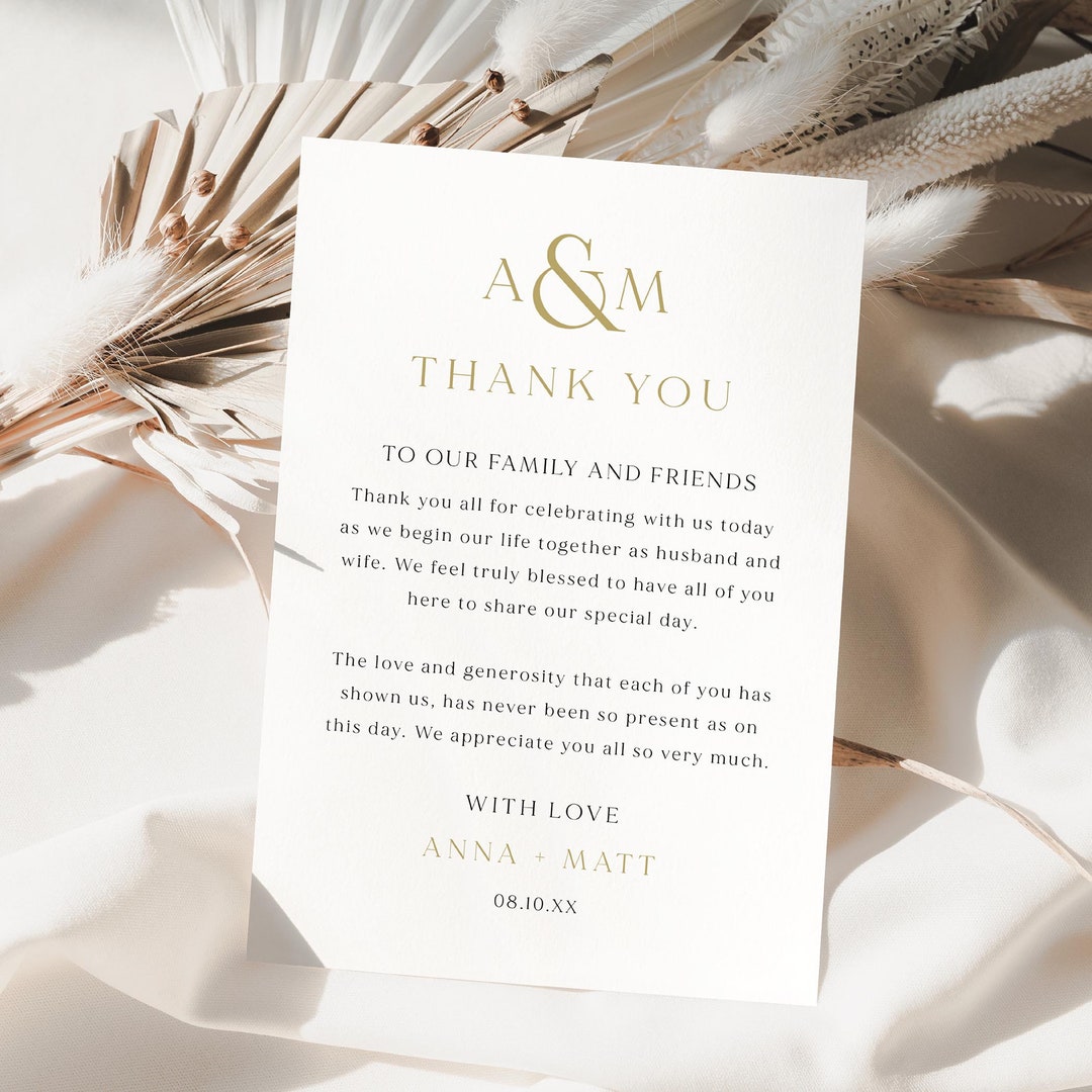 Thank You Letter Template, Modern Monogram Gold, Wedding Guest Thank ...