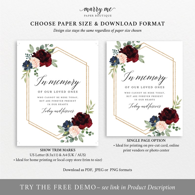 In Memory Sign Template Editable Instant Download Burgundy - Etsy UK