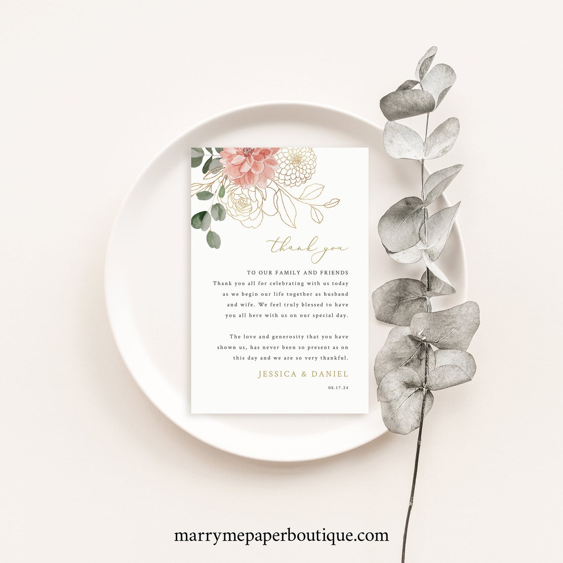 Wedding Guest Thank You Letter Template Blush & Gold Flowers - Etsy