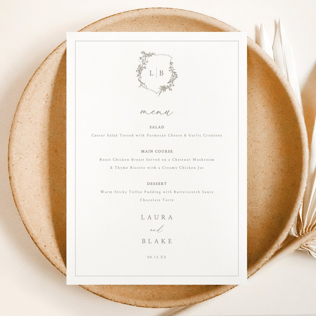 Wedding Menu Card Template, Botanical Wedding Crest, Wedding Table Menu ...