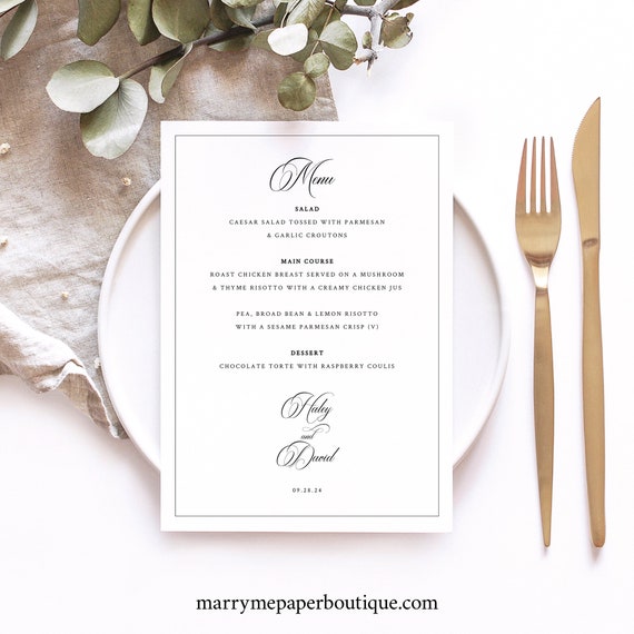 Wedding Menu Template Classic Calligraphy & Border Editable | Etsy