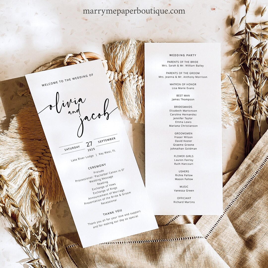 Wedding Program Template, Modern Calligraphy, 4x9, Modern Wedding ...