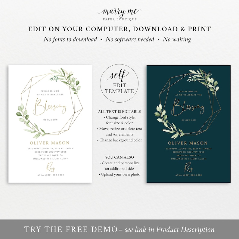 Blessing Ceremony Invitation Card Template Greenery Gold - Etsy