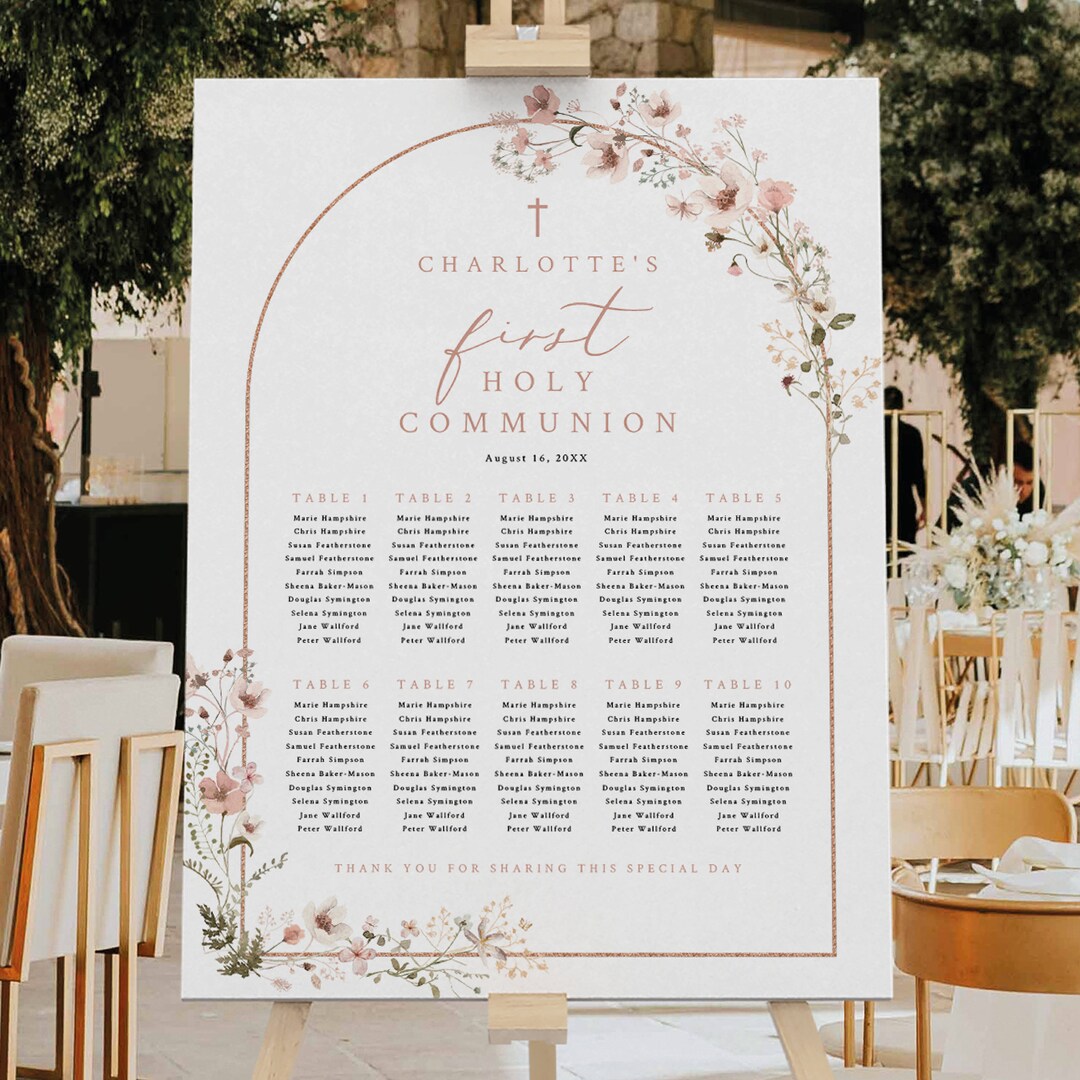 First Communion Seating Sign Template, Rustic Pink Flower Arch ...