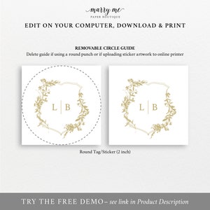 Round Wedding Favor Tag Template, Gold, Wedding Crest & Monogram ...