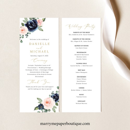 Wedding Program Template Navy & Blush Floral Wedding - Etsy