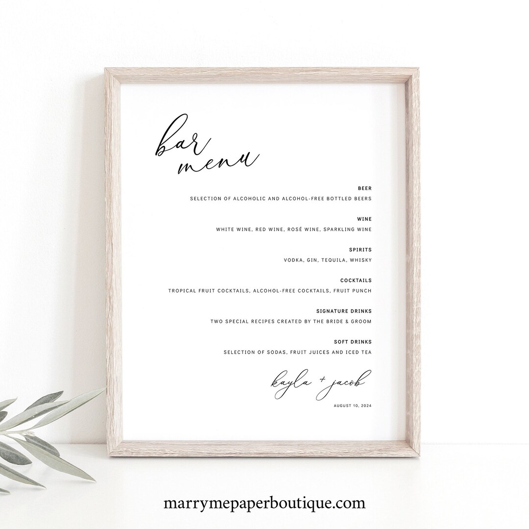 Wedding Bar Menu Template, Modern Elegance, Elegant Wedding Drinks Menu ...