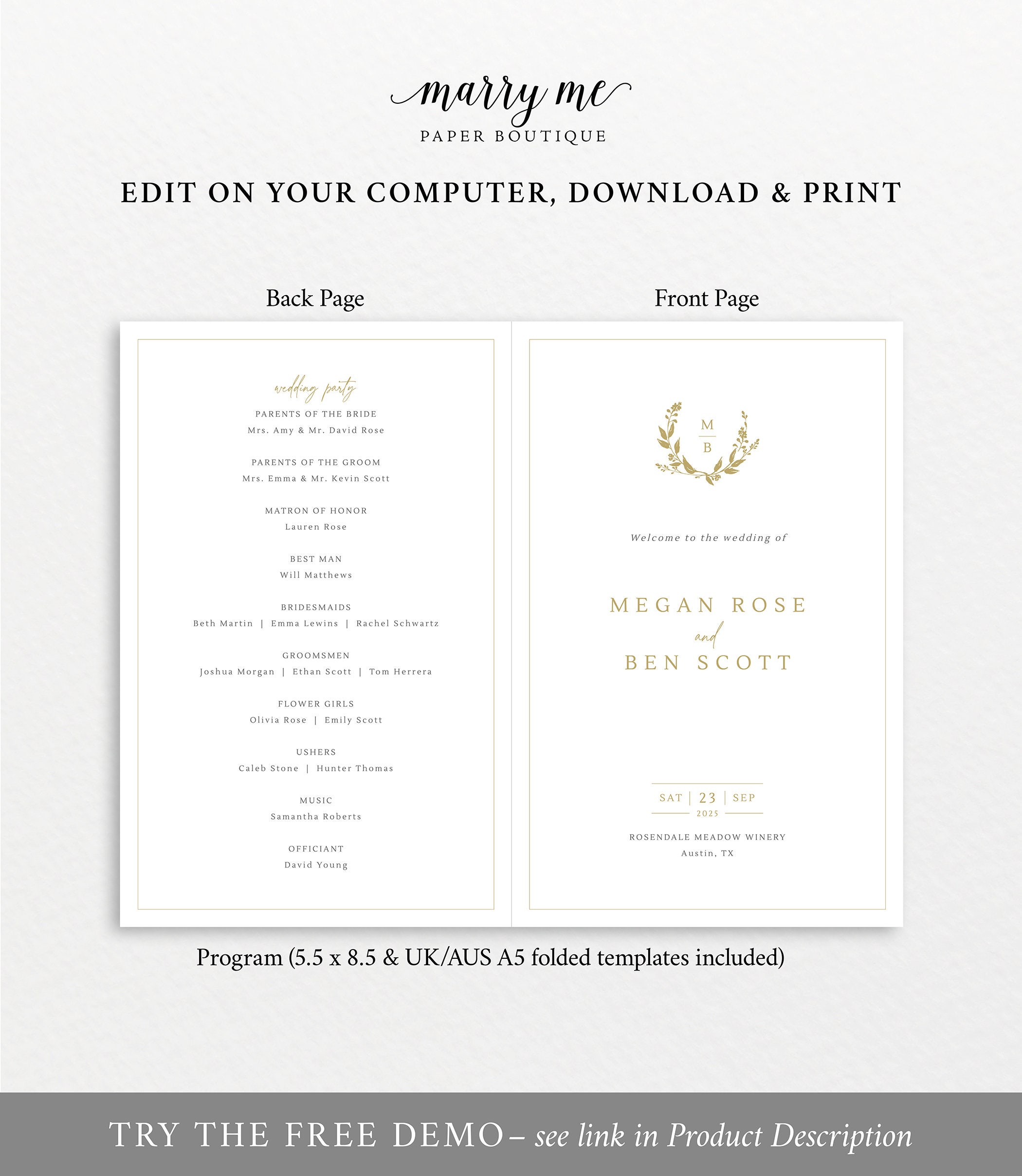Four Page Wedding Program Template, Gold Wreath Monogram, Folded ...