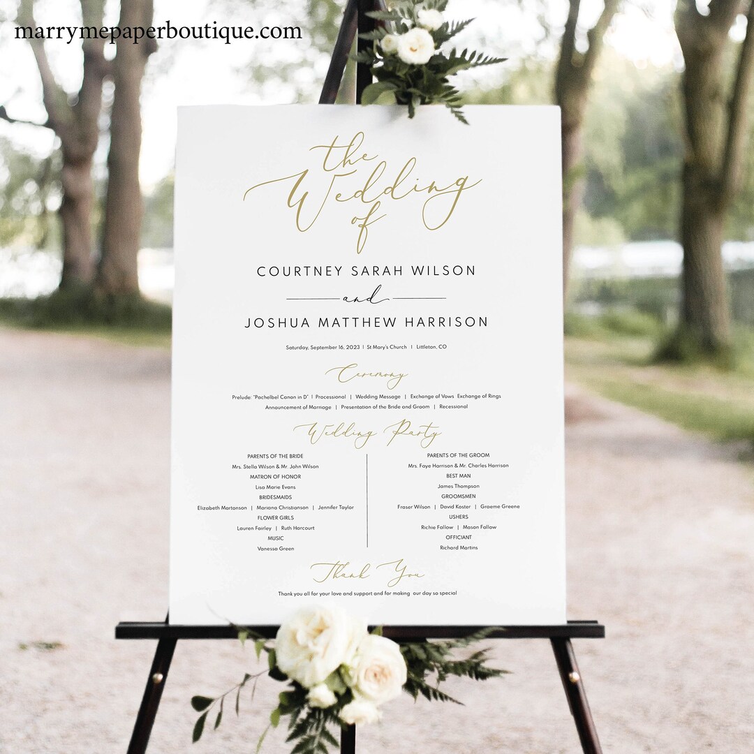 Wedding Program Sign Template, Elegant Gold, Demo Available, Editable ...