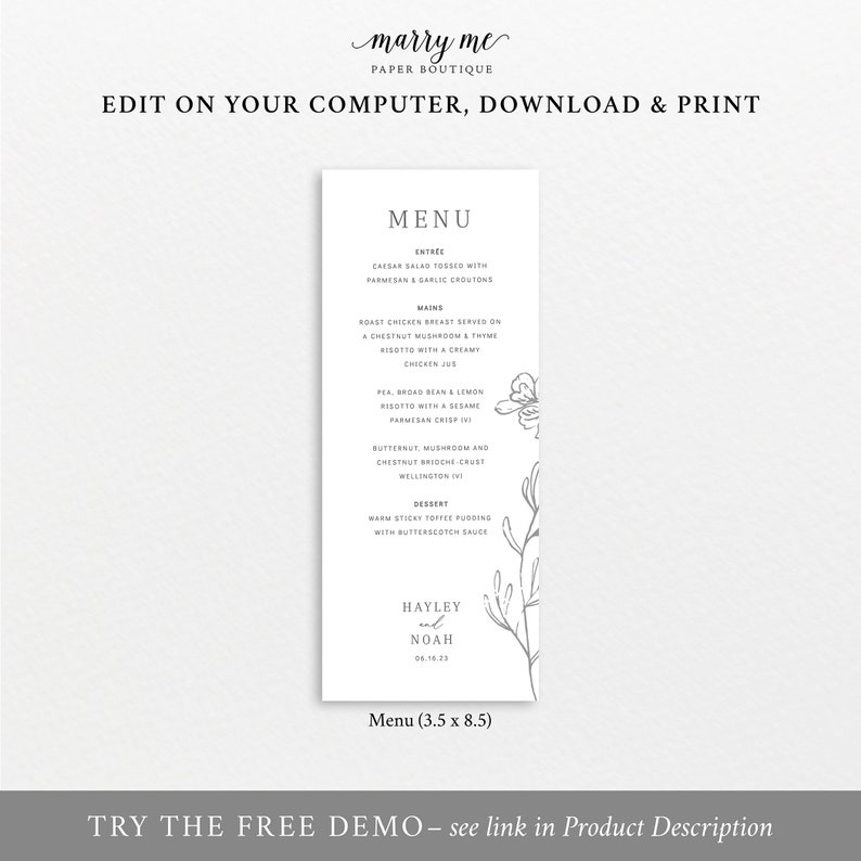 Menu Template Elegant Botanical Skinny Menu Demo Available | Etsy