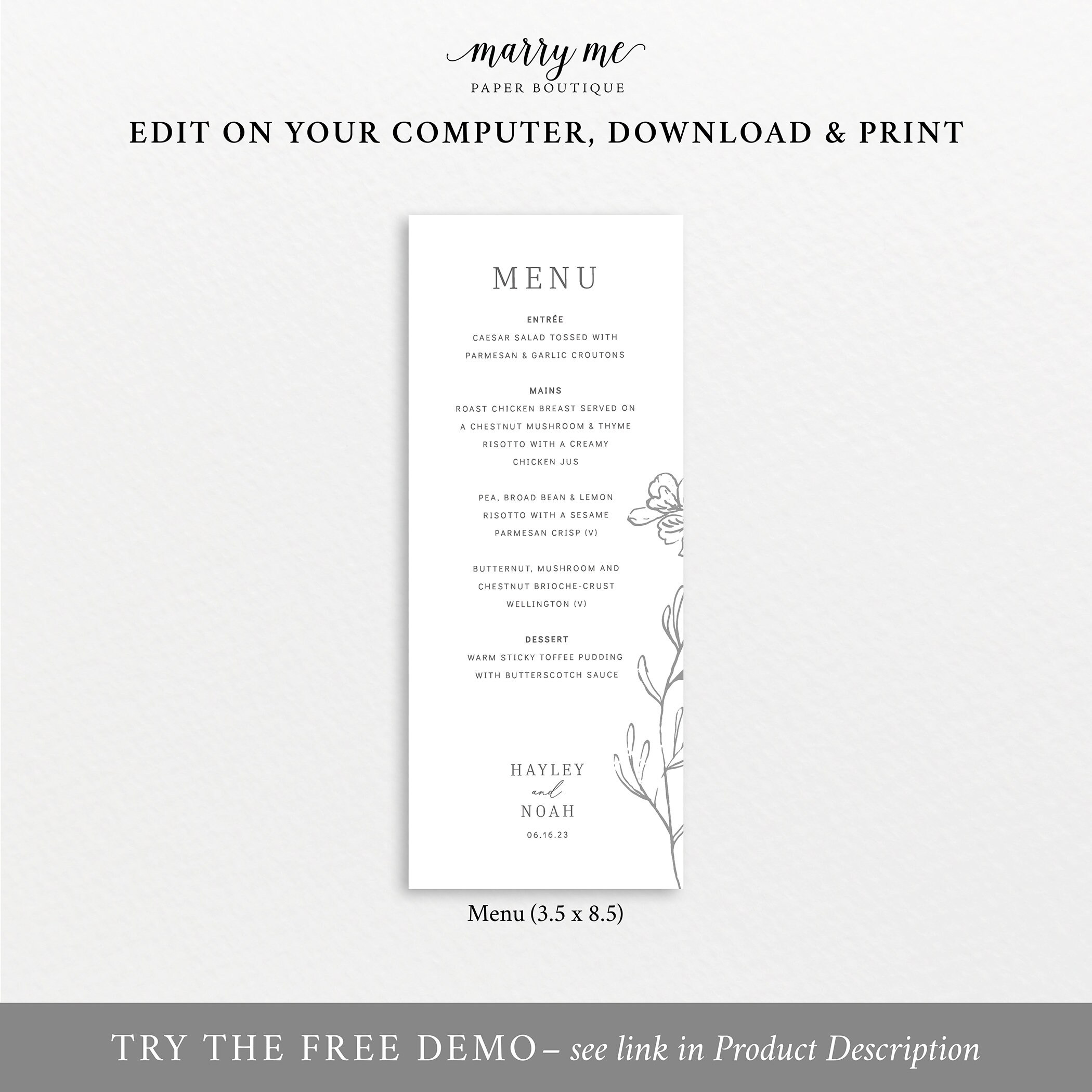 Menu Template Elegant Botanical Skinny Menu Demo Available | Etsy