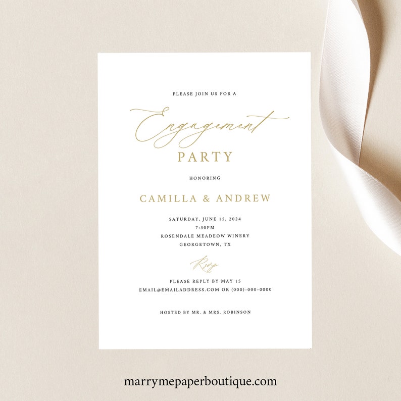 Engagement Party Invitation Template Stylish Gold Script - Etsy