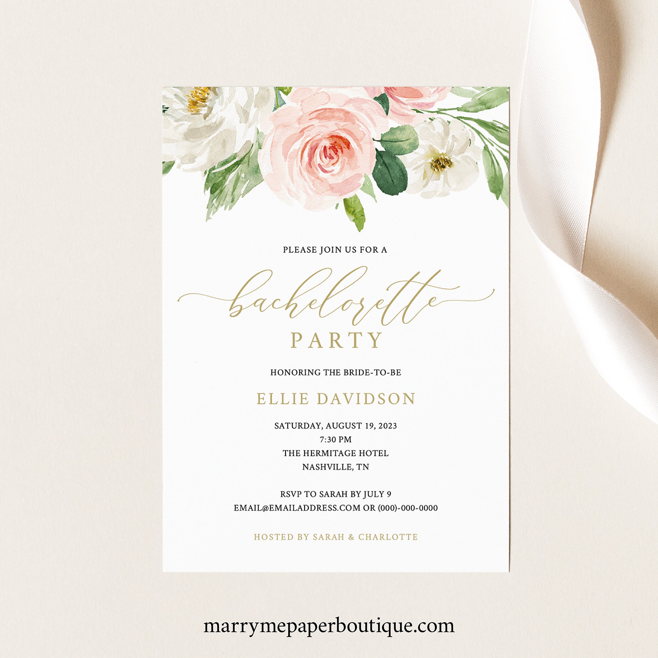 Bachelorette Party Invite Template Blush Floral Editable Instant 