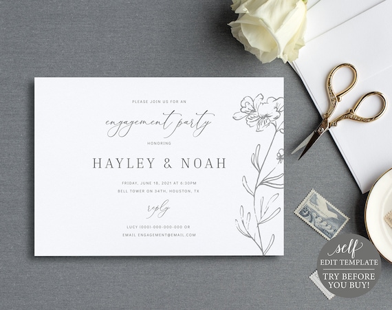 Engagement Party Invitation Template Elegant Floral TRY | Etsy