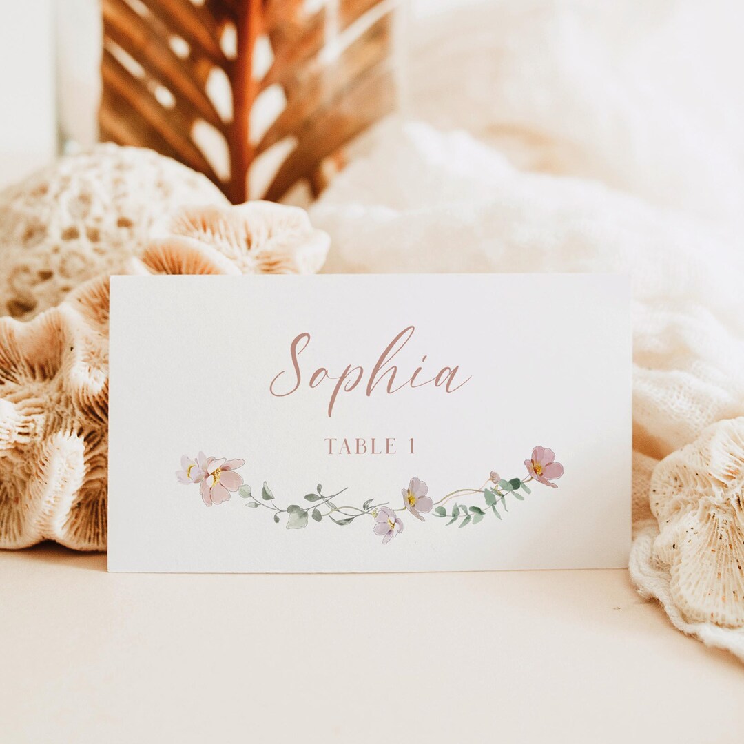 Place Card Template, Pink Wild Flowers, Editable, DIY Baptism Place ...