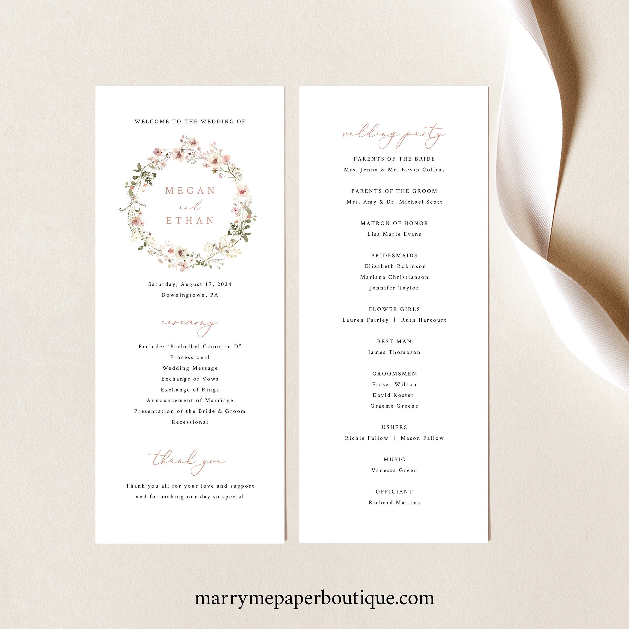 Wedding Program Template Rustic Pink Flowers Editable - Etsy