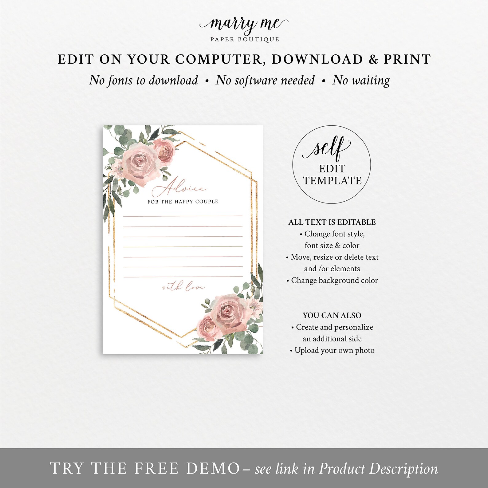 Advice Card Template Dusky Pink Floral Boho Wedding Advice - Etsy