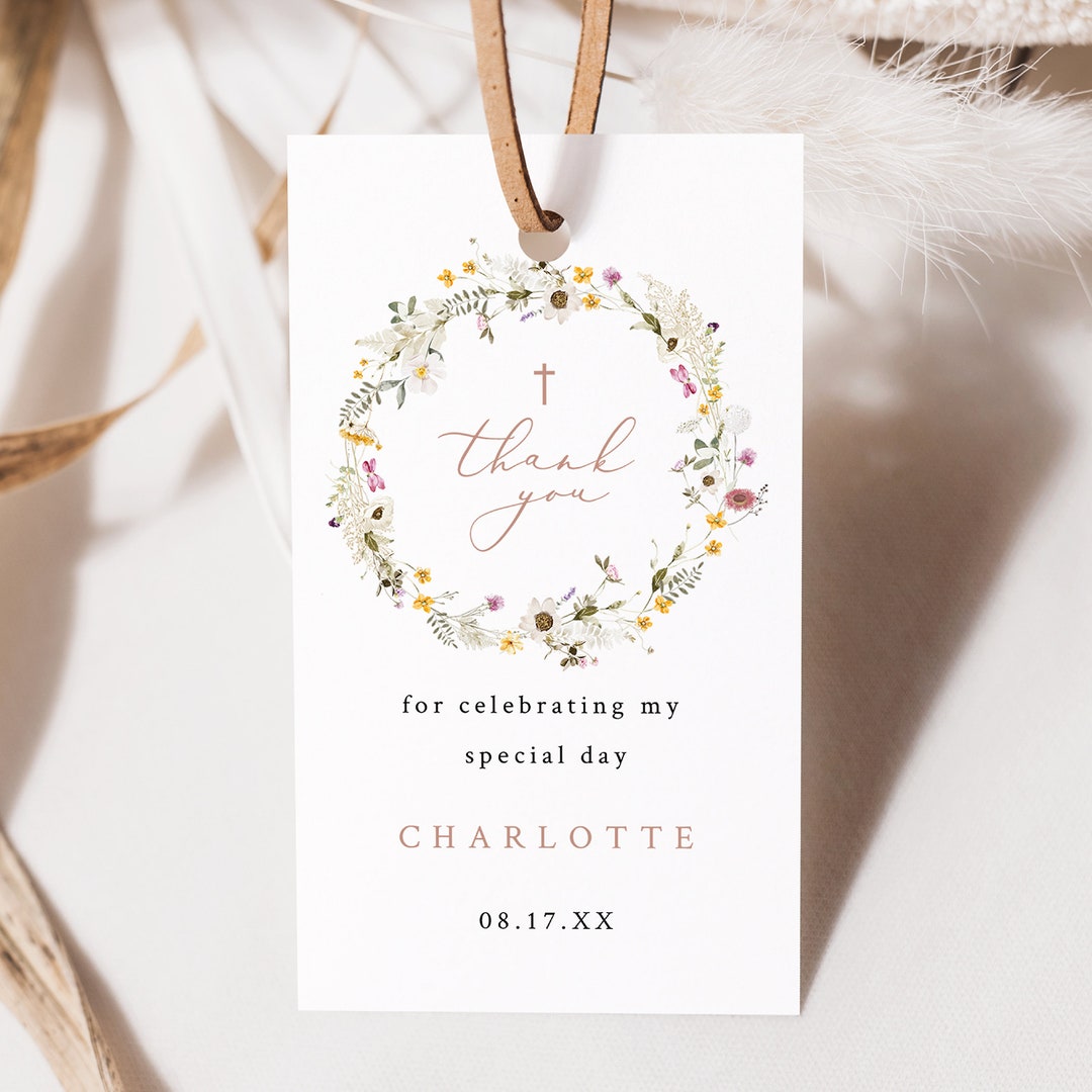 Baptism Tag Template, Rustic Wildflower Wreath, Editable, Baptism Favor ...