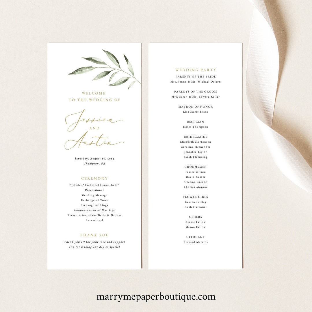 Wedding Program Template, Greenery Leaf, Editable Instant Download, Try ...
