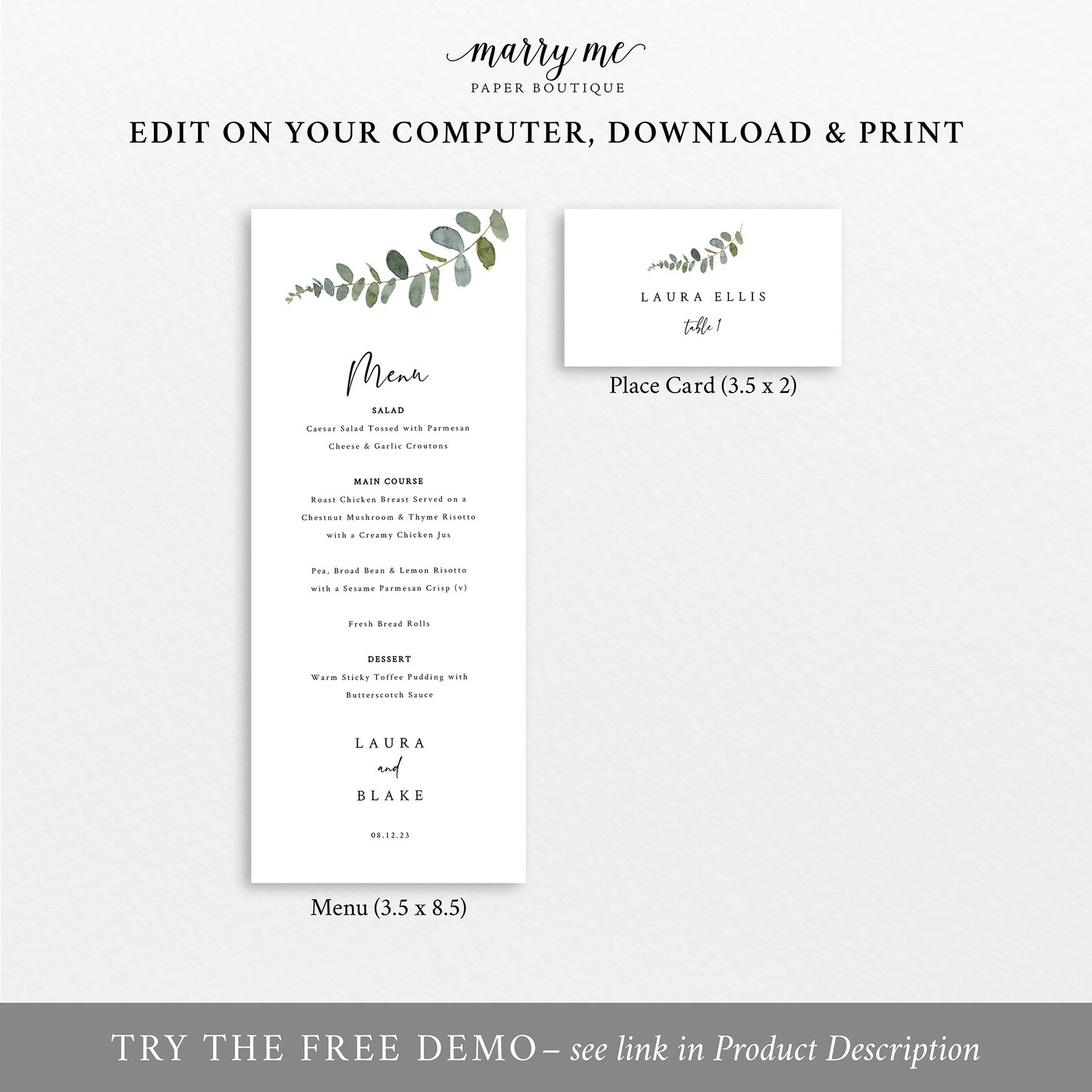 Wedding Menu & Name Card Template Eucalyptus Greenery Name - Etsy
