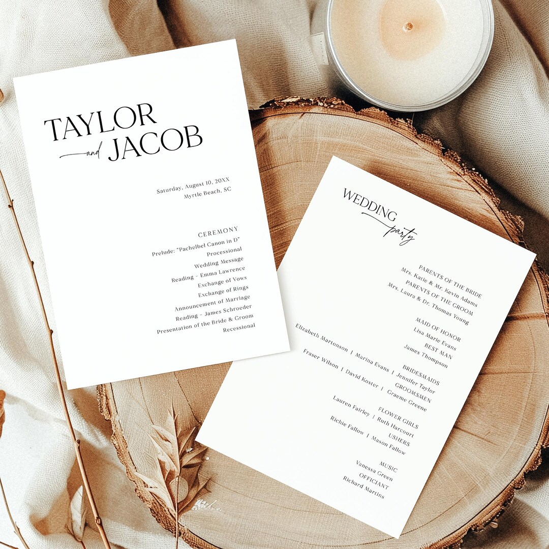 Wedding Program Template, Modern & Classic, DIY Wedding Ceremony Program, Editable 5x7 Double ...