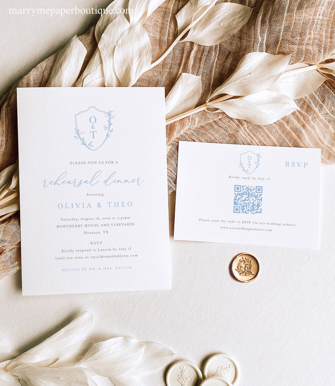 Rehearsal Dinner Invitation Template, Light Blue Crest & Monogram, QR ...