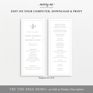 Wedding Program Template, Leaf Monogram Border, Wedding Monogram, Ceremony Program, Printable ...