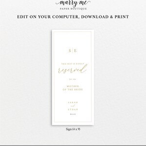 Reserved Seating Sign Template, Minimalist Wedding Monogram, Gold ...