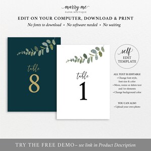 Table Number Template, Eucalyptus Greenery, Table Number Sign Printable ...