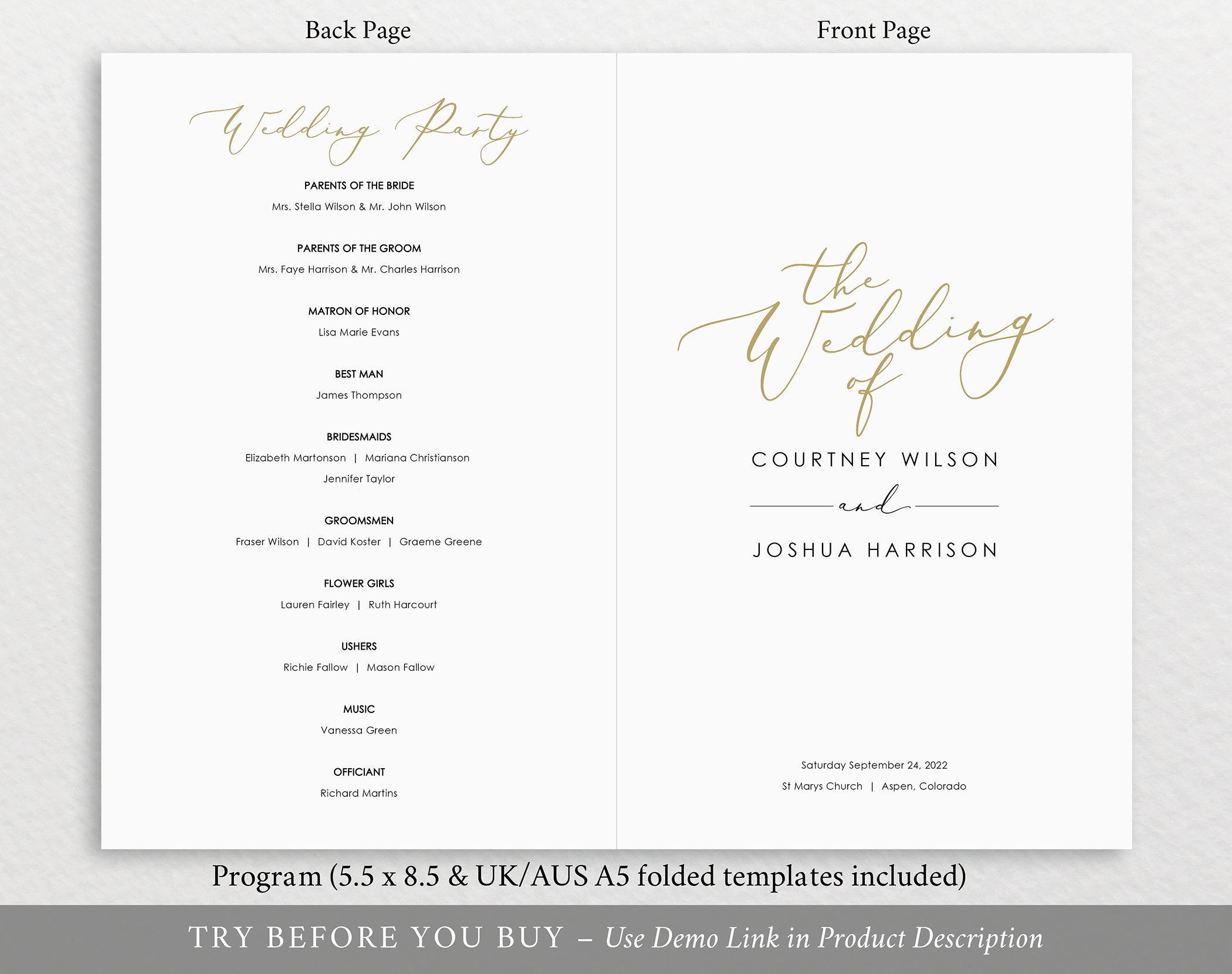 Wedding Program Template Elegant Gold Script Demo Available | Etsy